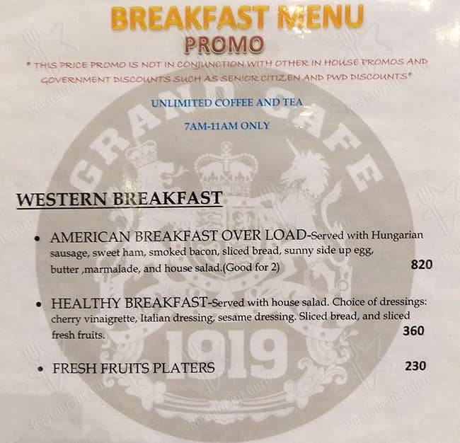 Menu at 1919 Grand Cafe, Manila