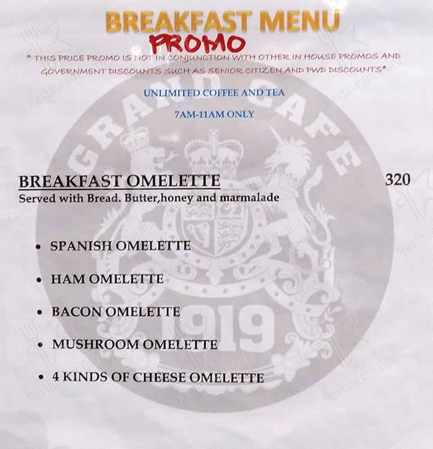 Menu at 1919 Grand Cafe, Manila