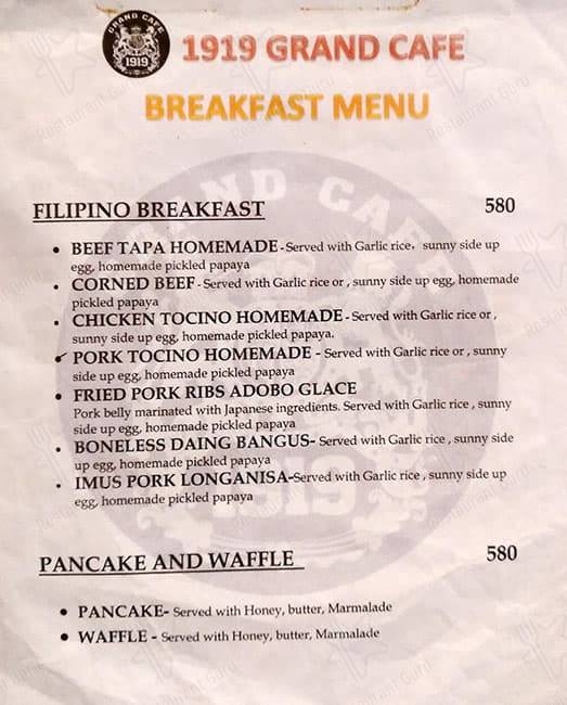 Menu at 1919 Grand Cafe, Manila