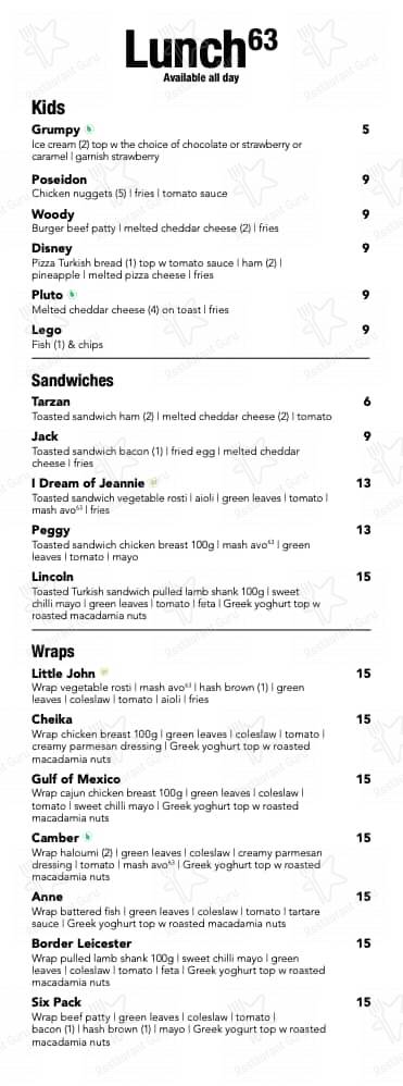 Menu at Cafe 63, South Brisbane, 7/220 Melbourne St