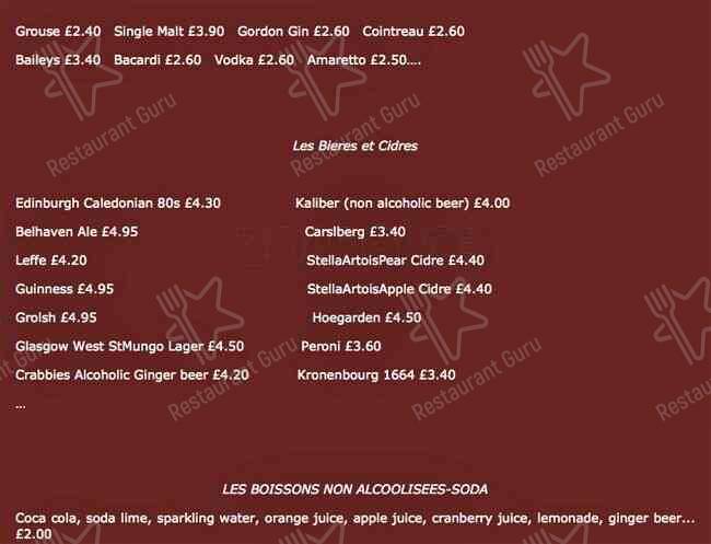 Menu at Chez Jules restaurant, Edinburgh, 109 Hanover St