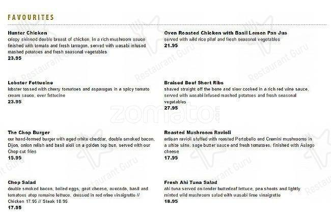Menu at Chop Steakhouse & Bar, Winnipeg