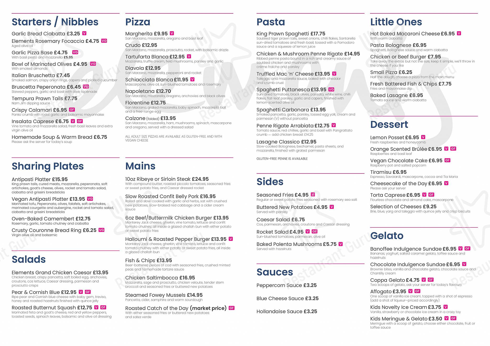 Menu at Elements Bude restaurant, Bude
