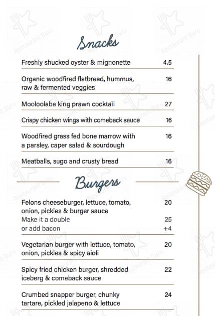 Menu at Felons Café cafe, Fortitude Valley