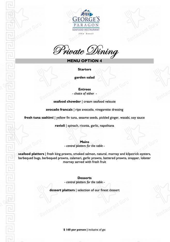 Menu at George's Paragon Seafood Restaurant, Brisbane City