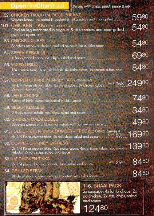 Menu at Copper Chimney restaurant, Sandton, Shop 7 Bridge Shopping Centre