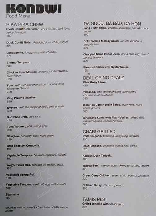 Menu at KONDWI pub & bar, Makati