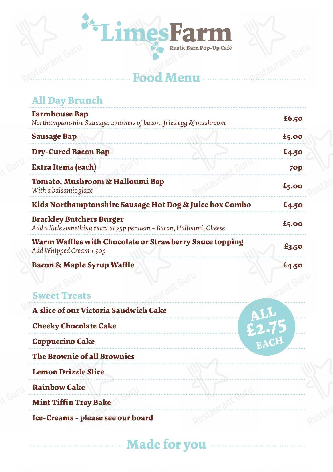 Menu at Limes Farm cafe, Farthinghoe