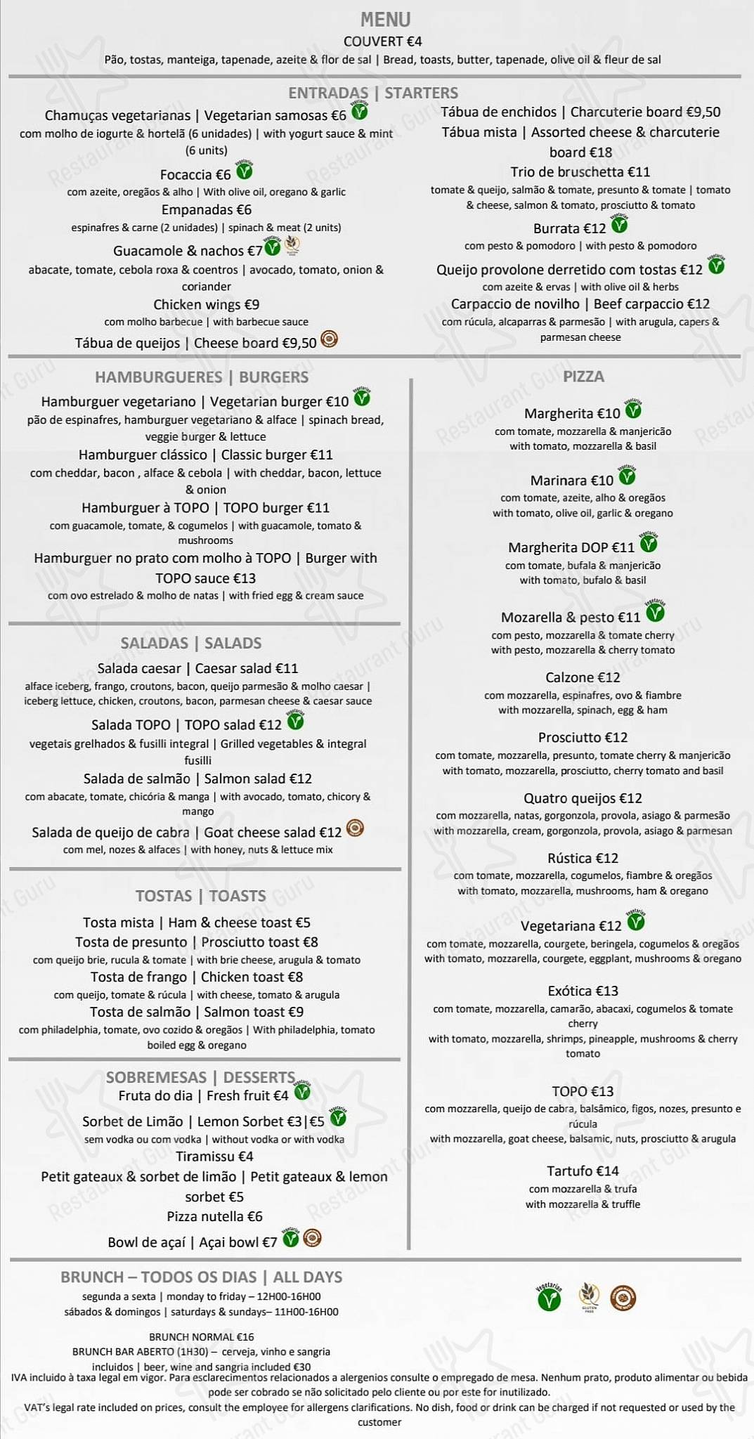 Menu at Topo Chiado pub & bar, Lisbon, Terraços do Carmo