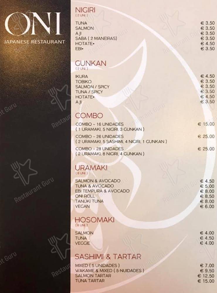 Menu at Oni Japanese Restaurant, Lisbon