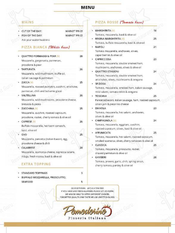 Menu at Pomodorino Pizzeria Italiana, Marrickville
