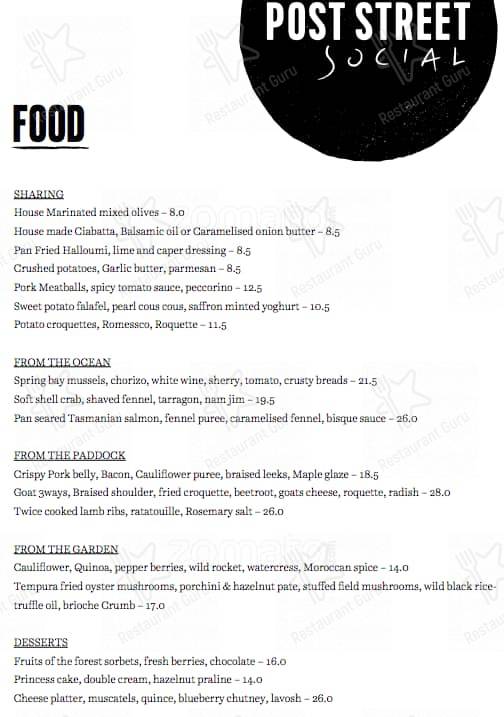 Carta de Post Street Social, Sandy Bay