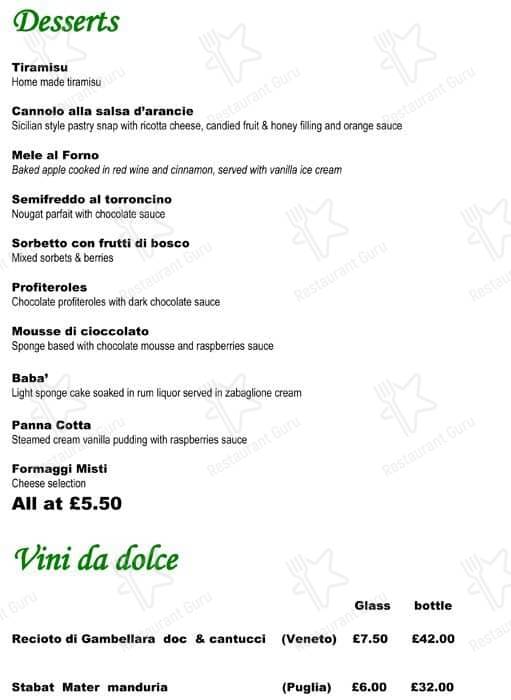 Menu at Osteria del Portico restaurant, London, 7a The Grn