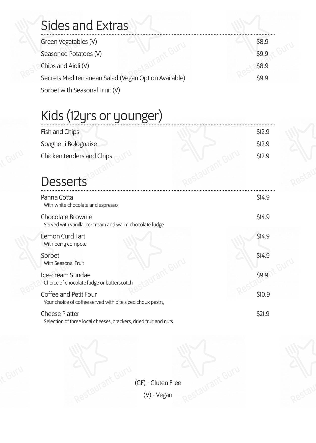 Menu at Secrets by the Sea restaurant, Henley Beach