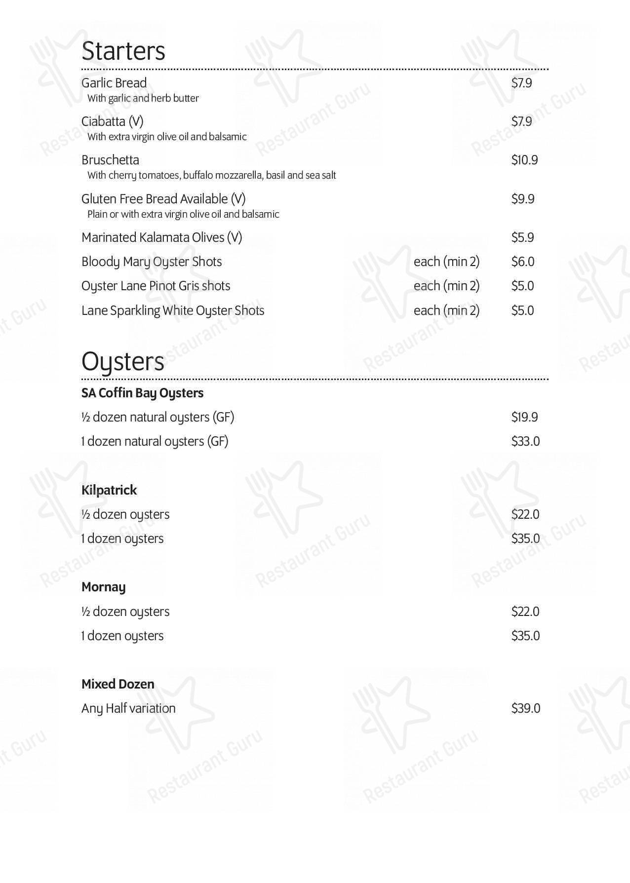 Menu at Secrets by the Sea restaurant, Henley Beach