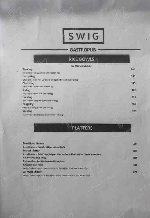 Menu at SWIG pub & bar, Quezon City, 26 Holy Spirit Dr