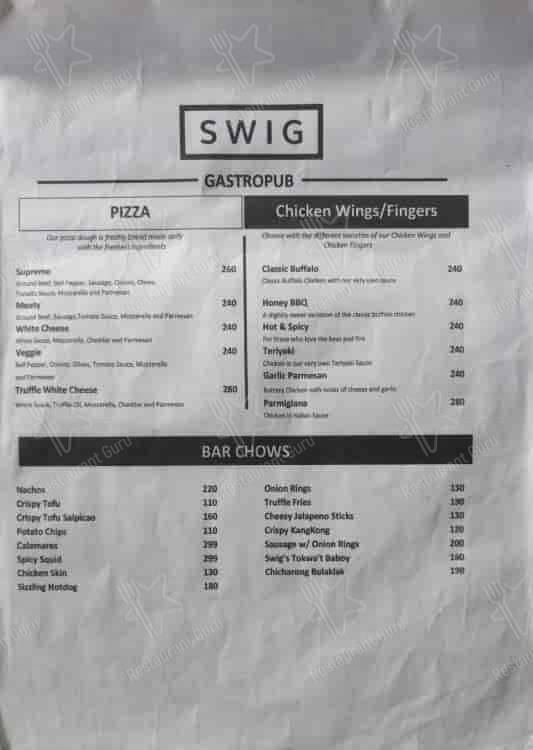 Menu at SWIG pub & bar, Quezon City, 26 Holy Spirit Dr