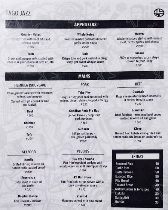 Menu at Tago Jazz Cafe, Quezon City