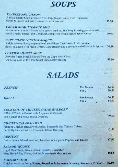 Menu at The Galley Fish Hoek restaurant, Cape Town, Beach Rd