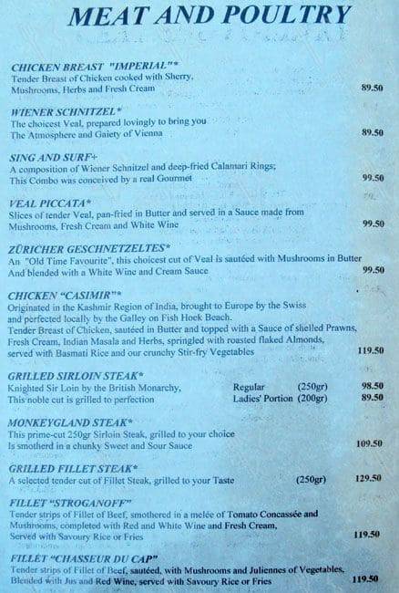Menu at The Galley Fish Hoek restaurant, Cape Town, Beach Rd