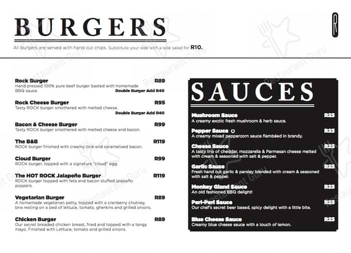 Menu at The Rock restaurant, Sandton, William Nicol Drive and Leslie Avenue