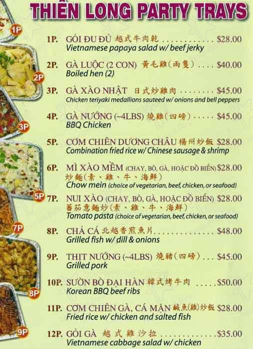 Menu at Thiên Long Restaurant, San Jose, Silver Creek Rd STE 138