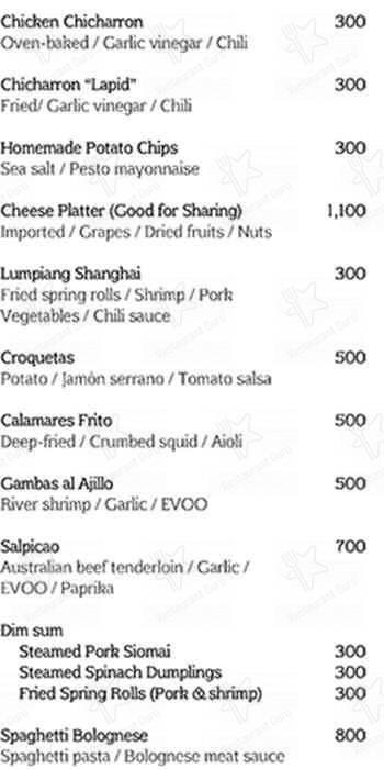 Menu at The Top of the Alpha pub & bar, Makati