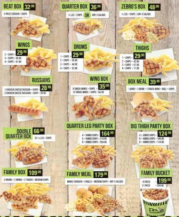 Menu at Zebro's restaurant, Soweto