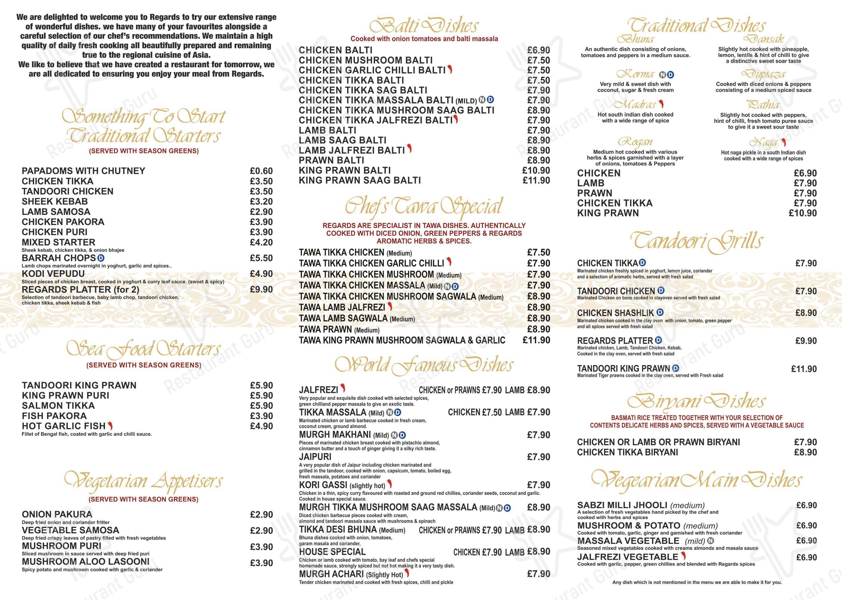 Menu at Regards restaurant, Sutton Coldfield, 110-116 Boldmere Rd