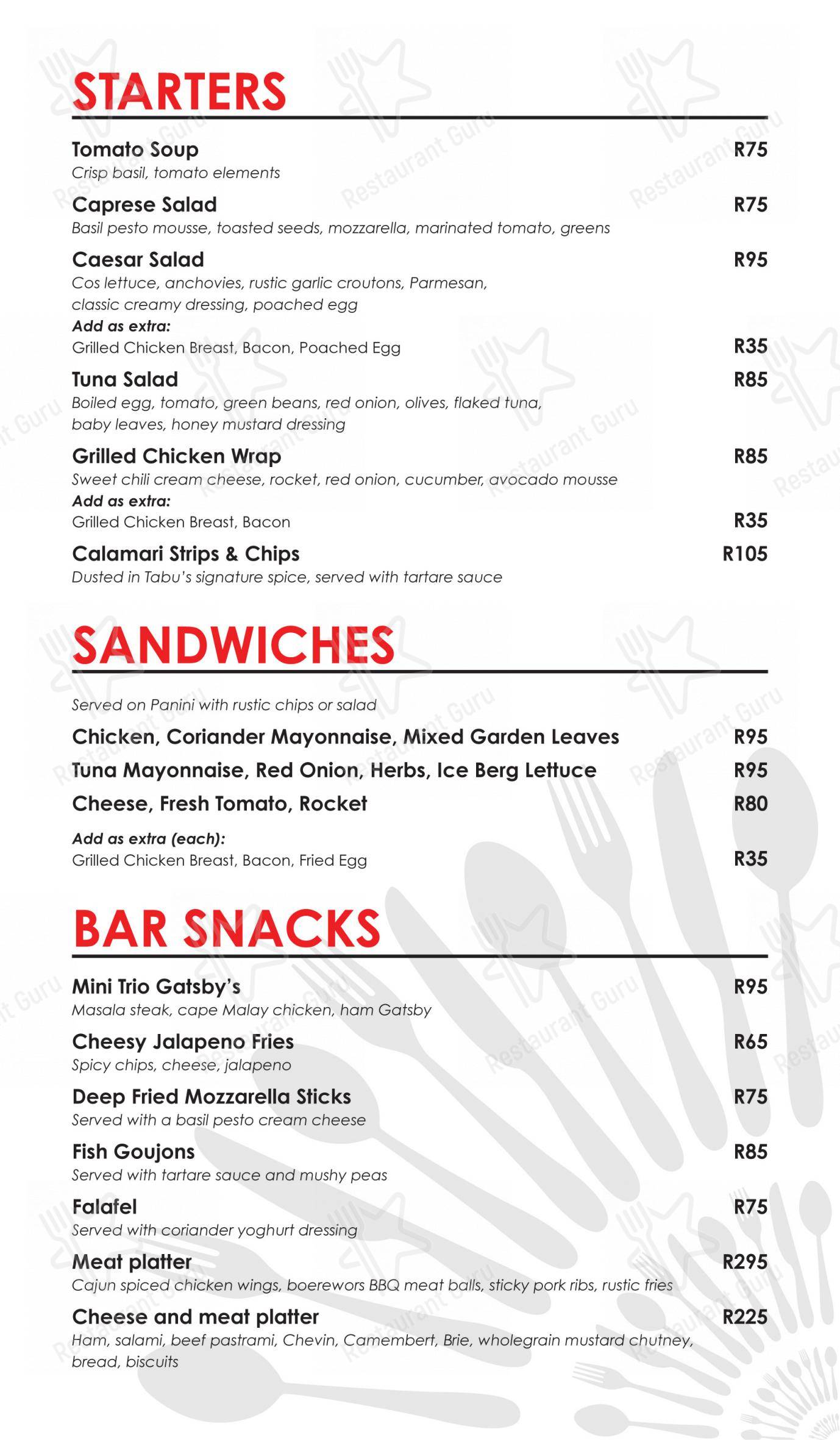 Menu at Tabú Grill Bar and Lounge, Port Elizabeth