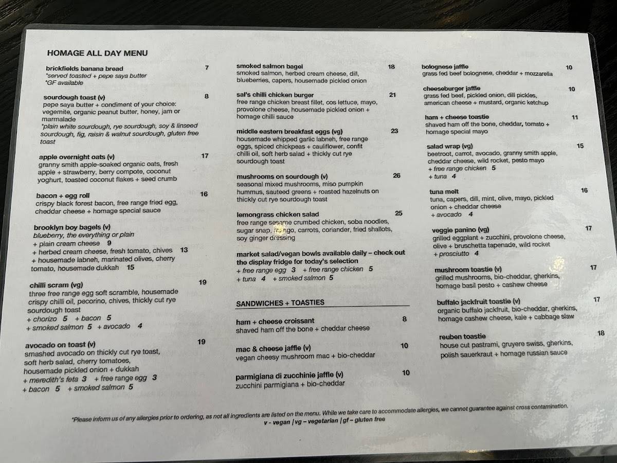 Menu at homage specialty coffee cafe, Parramatta