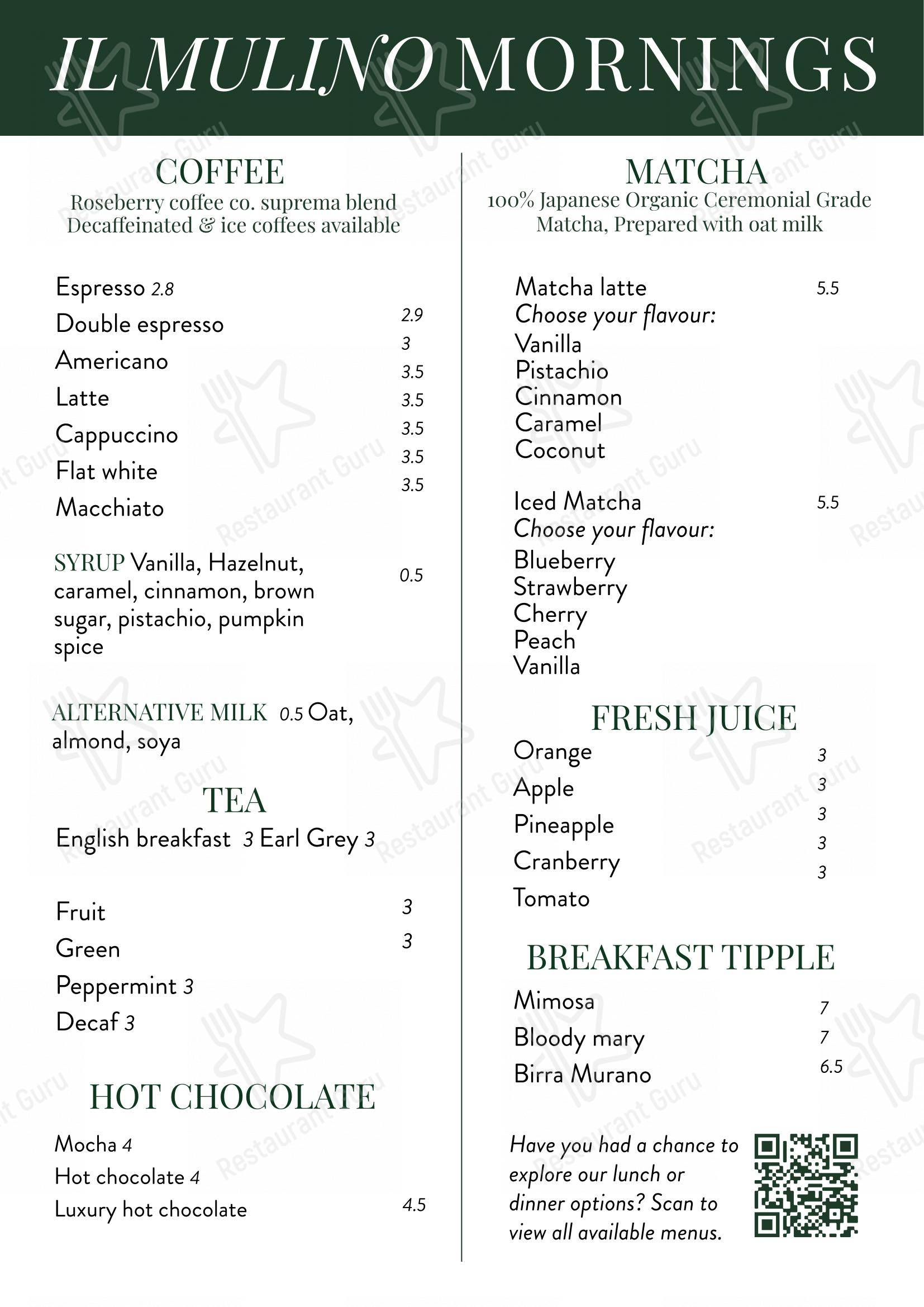 Menu at il mulino restaurant, Middlesbrough