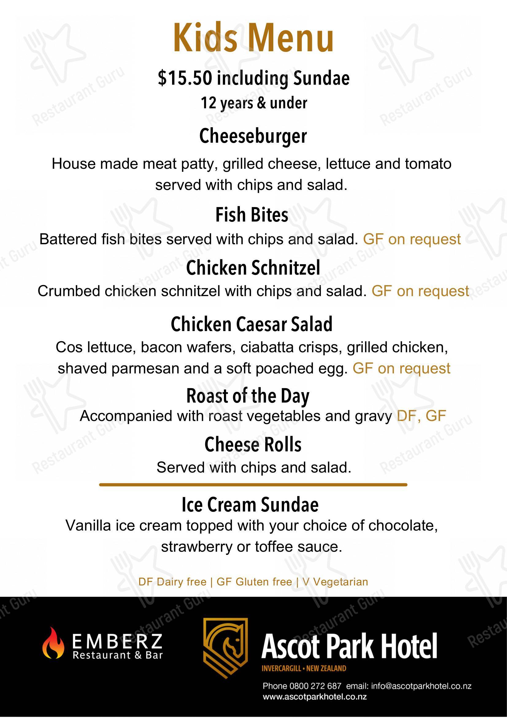 Menu at Emberz at Ascot restaurant, Invercargill