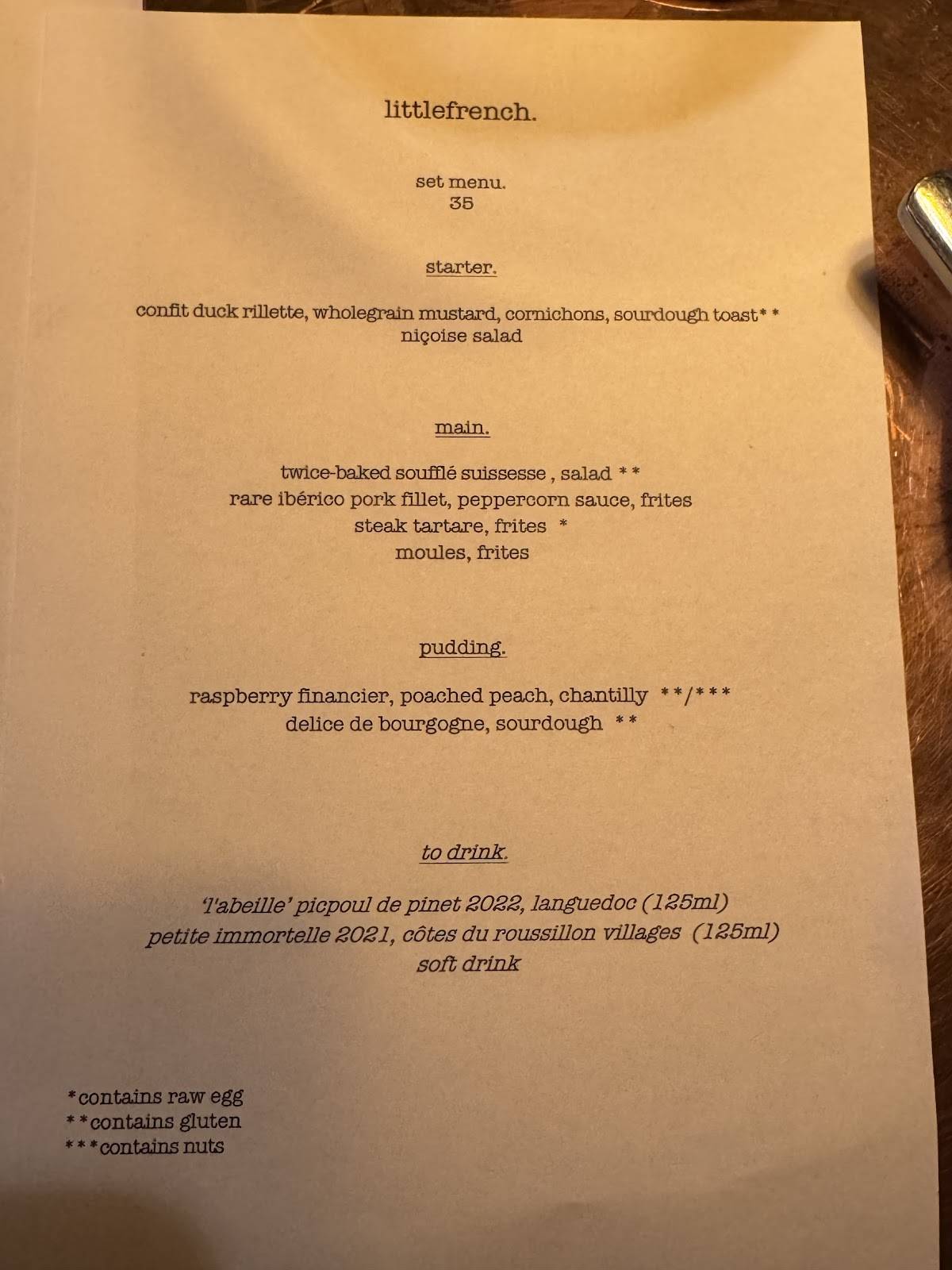 Menu at littlefrench restaurant, Bristol