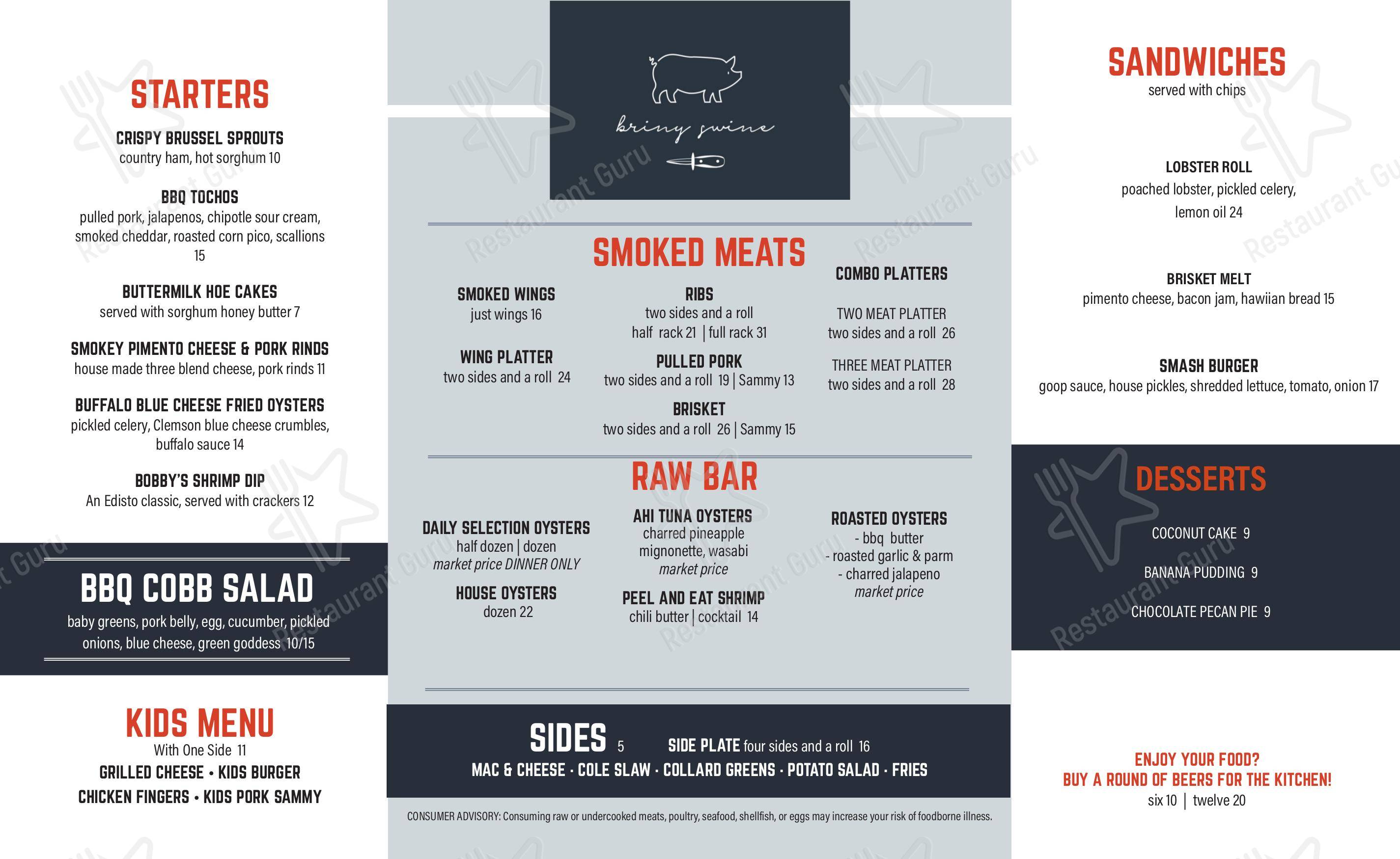 Menu at Briny Swine BBQ, Edisto Beach
