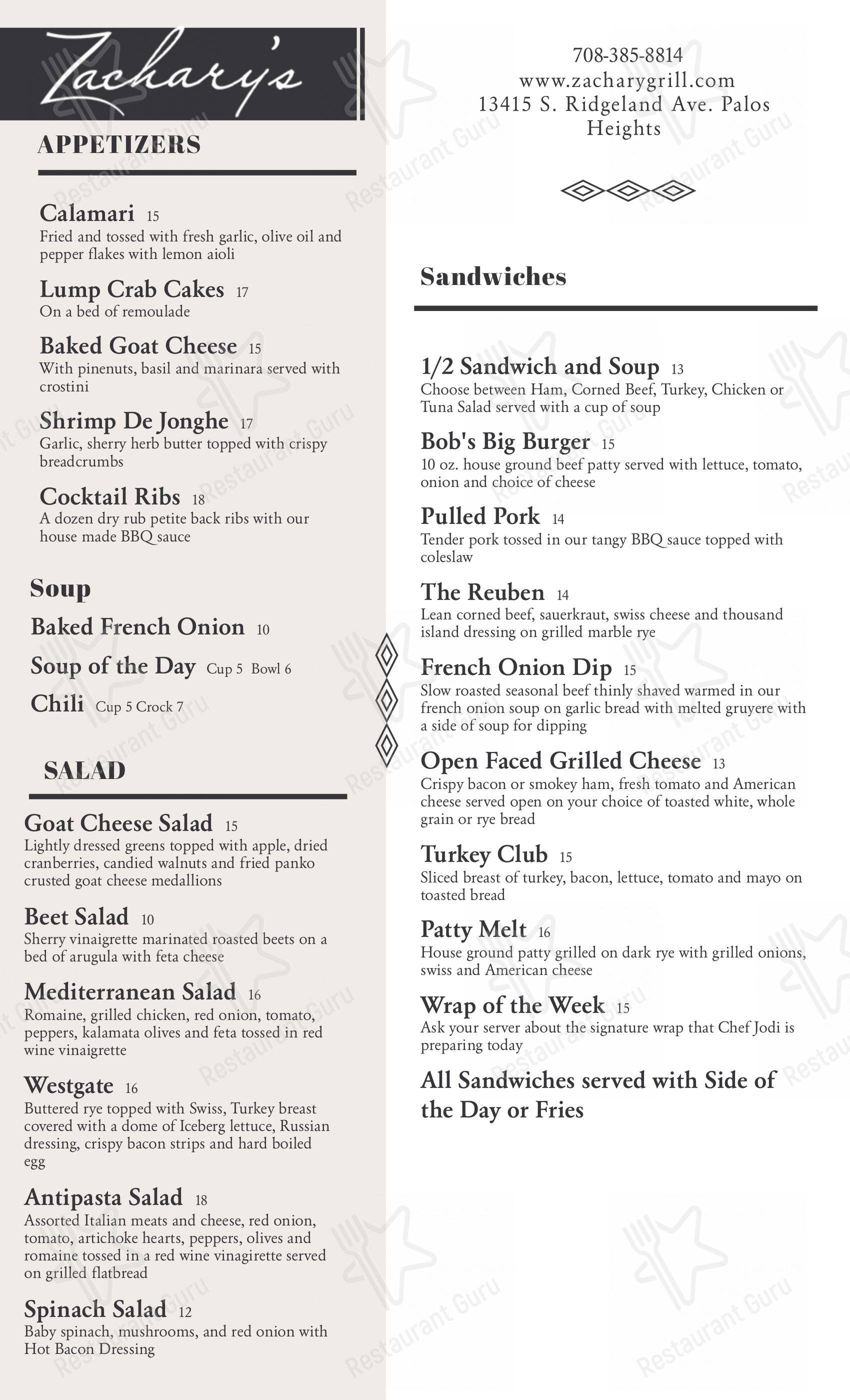 Menu at Zachary's Grill pub & bar, Palos Heights
