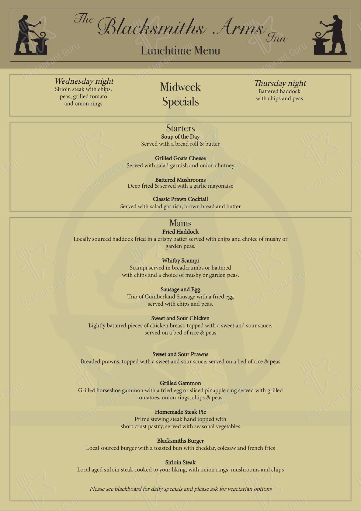 Menu at Blacksmith's Arms Inn Cloughton - County Inn & Accommodation ...
