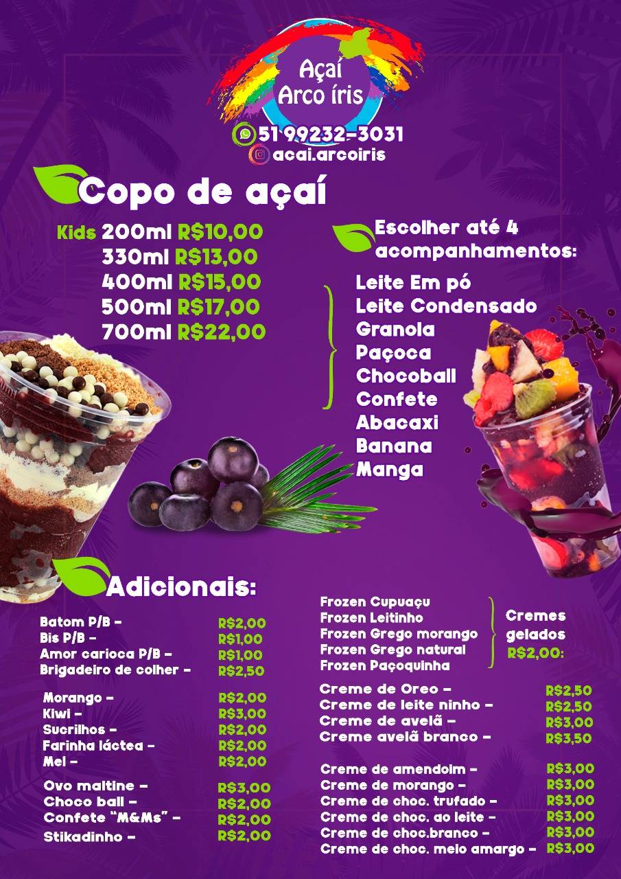 Menu em Açai Arco Íris, Brasil