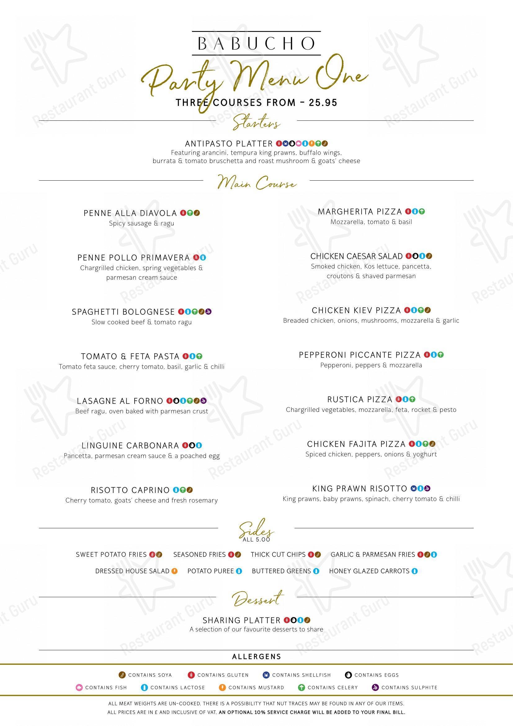 Menu at Babucho Quayside restaurant, Newcastle upon Tyne, Lower