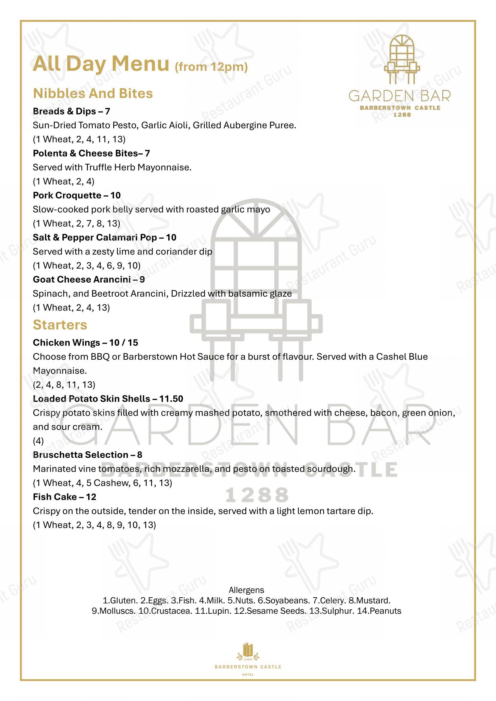Menu at Barberstown Castle Hotel, Straffan