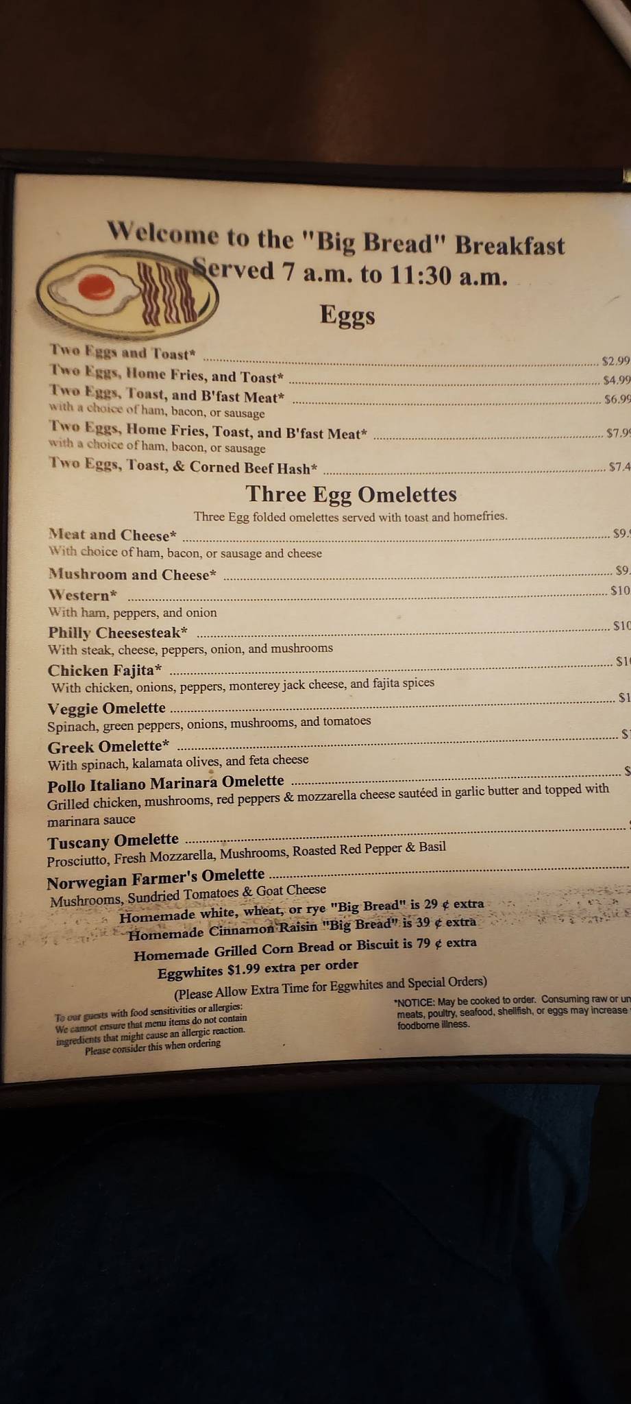 Menu at Bingham's restaurant, USA