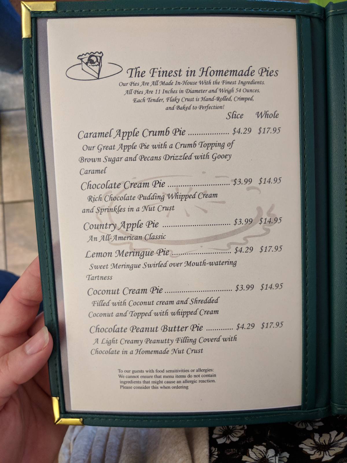 Menu at Bingham's restaurant, USA