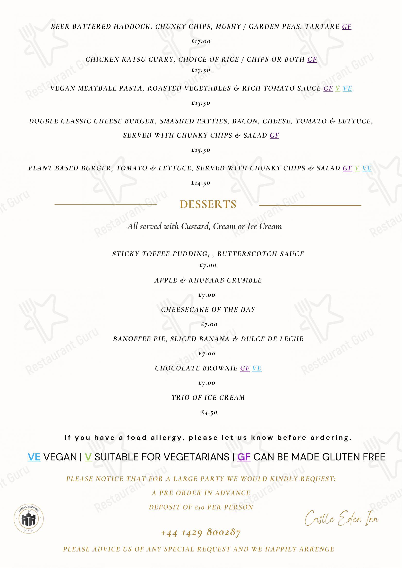 Menu at Castle Eden Inn pub & bar, Castle Eden, Stockton Rd