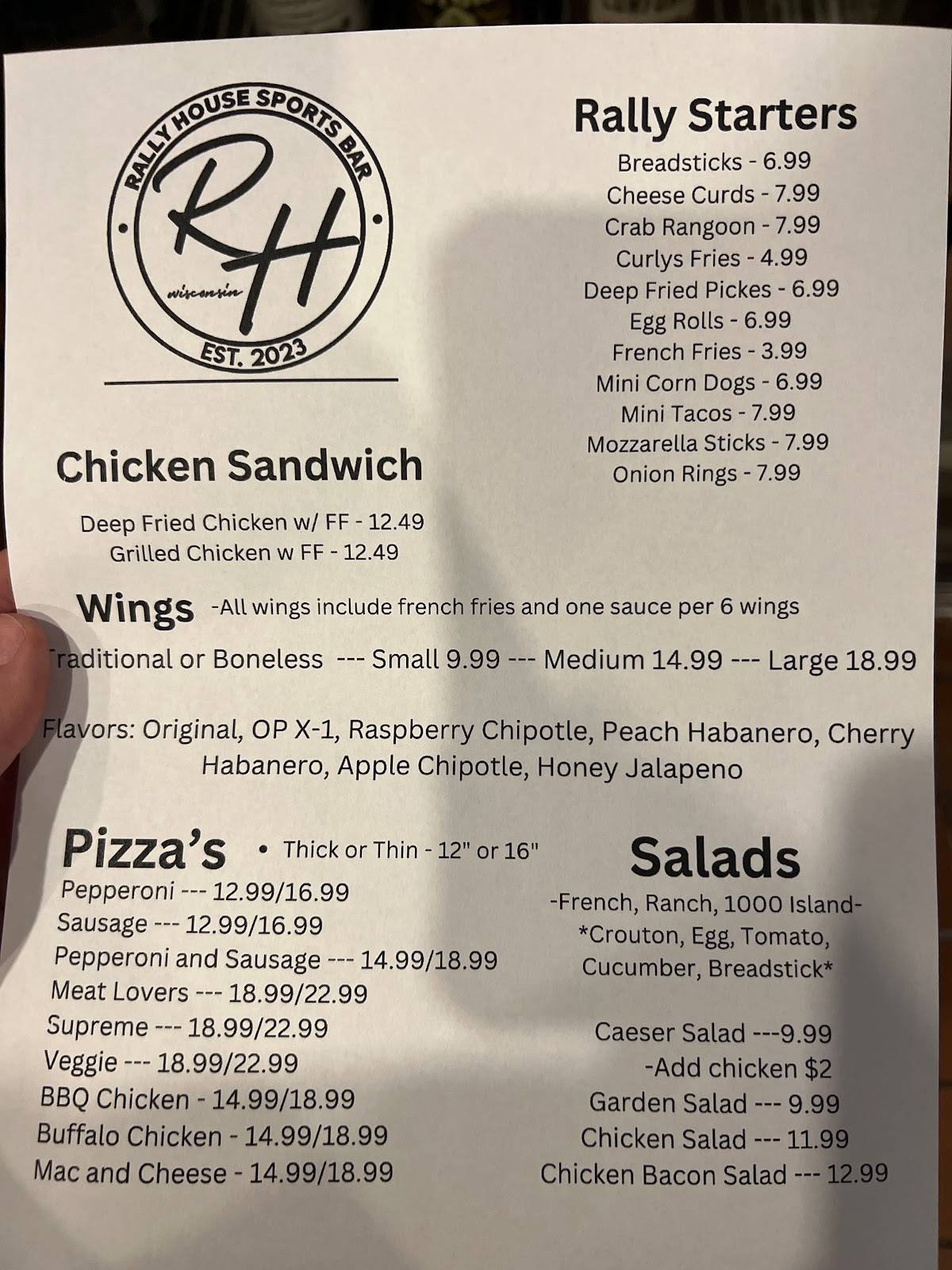Menu at Rally Caps pub & bar, Chippewa Falls