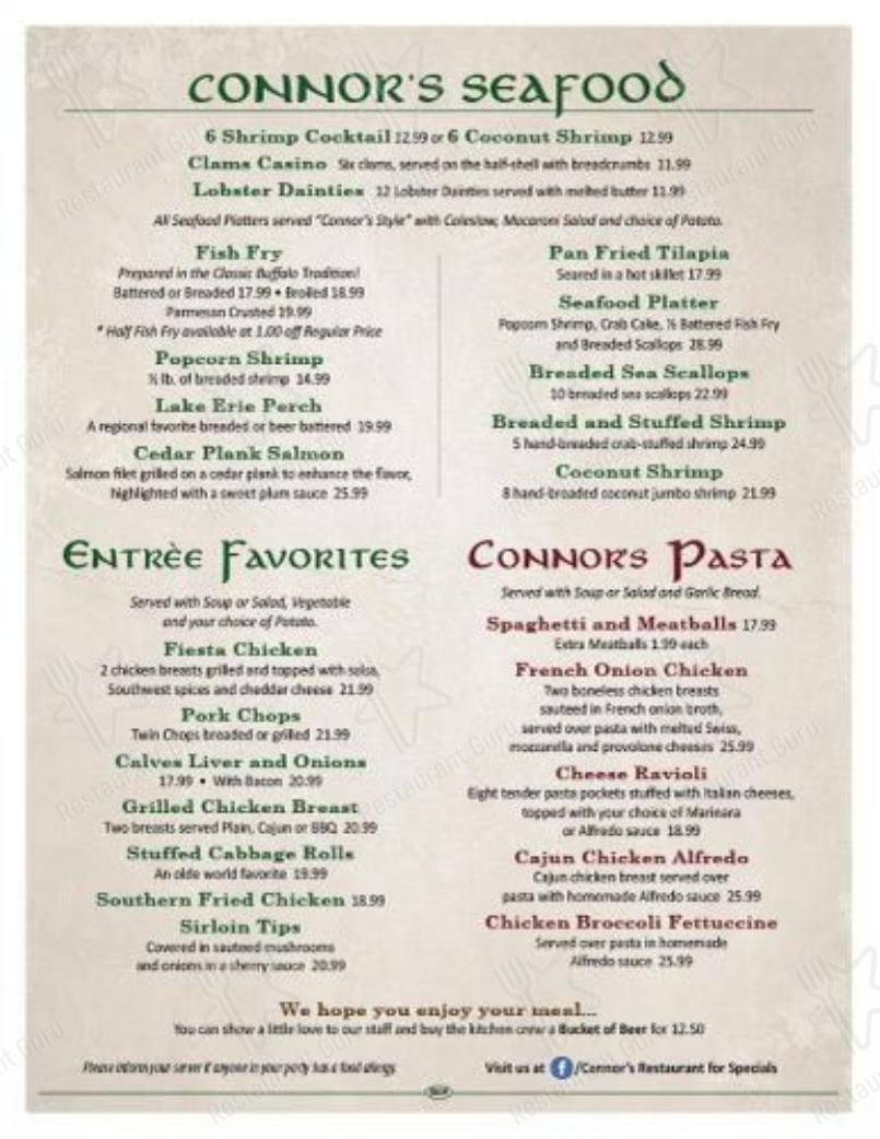 Menu at Connor's Restaurant, West Seneca