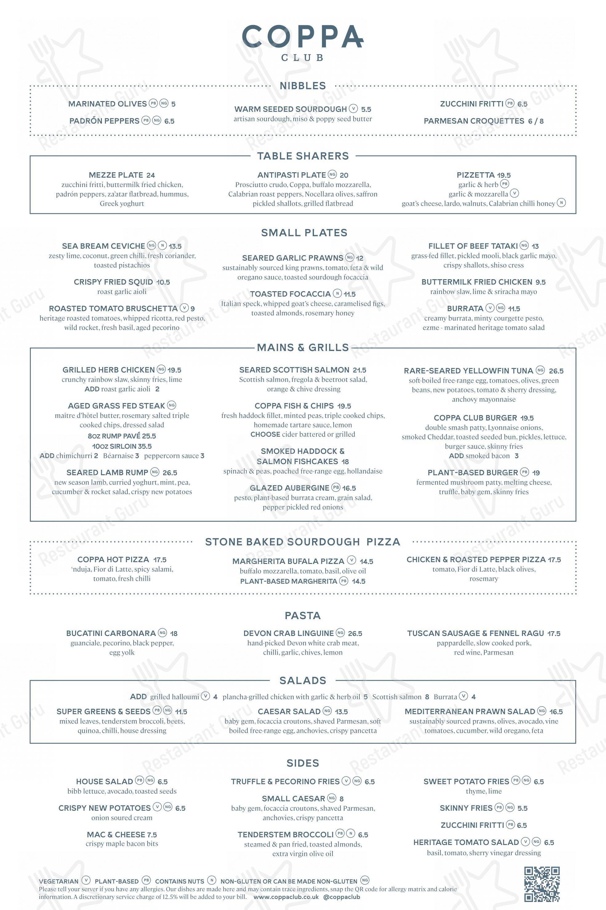 Menu at Coppa Club Tower Bridge, London, 3 Lower Thames St