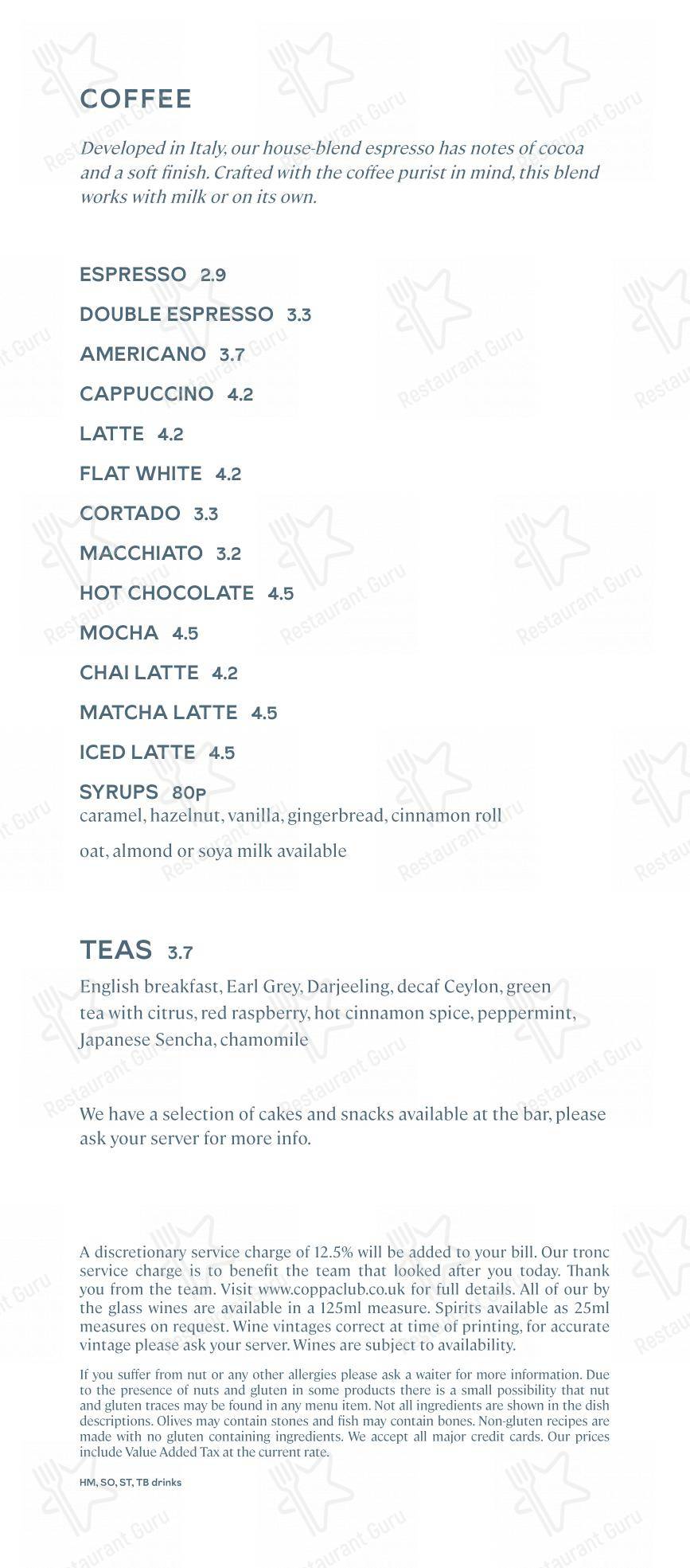 Menu at Coppa Club Tower Bridge, London, 3 Lower Thames St