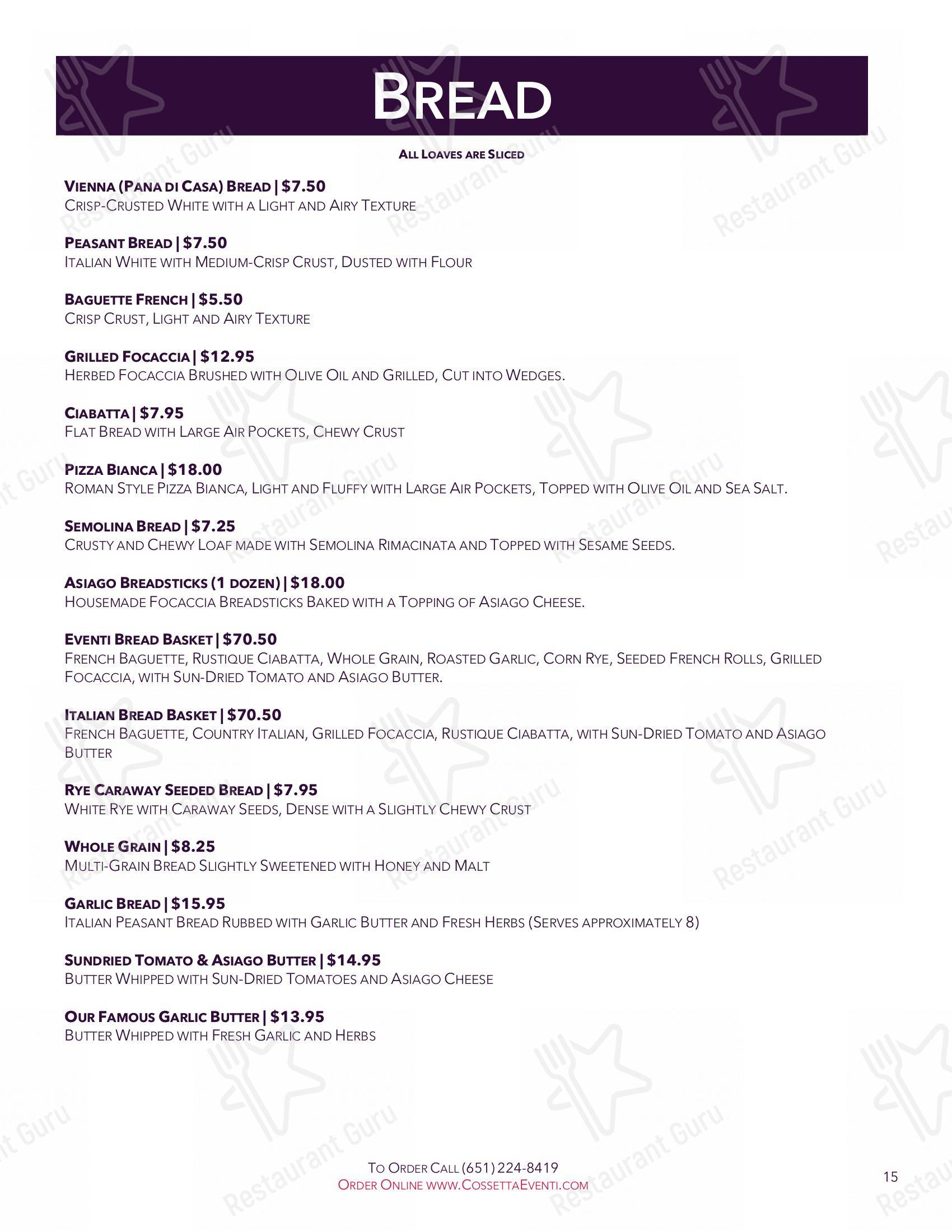 Menu at Cossettas pizzeria, Saint Paul
