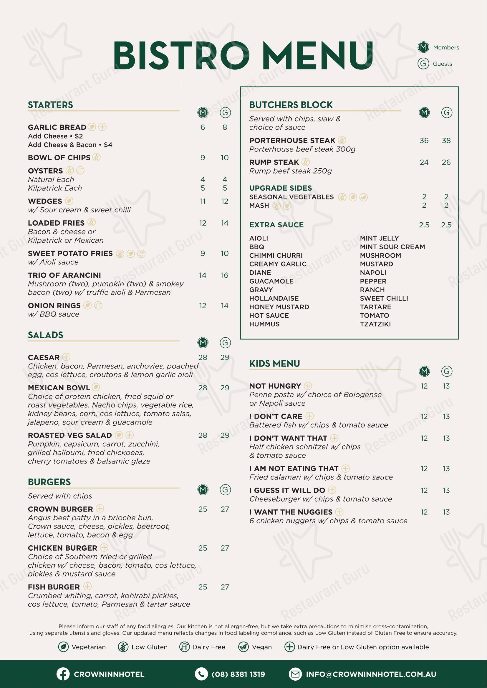 Menu at Crown Inn Old Reynella pub & bar, Old Reynella