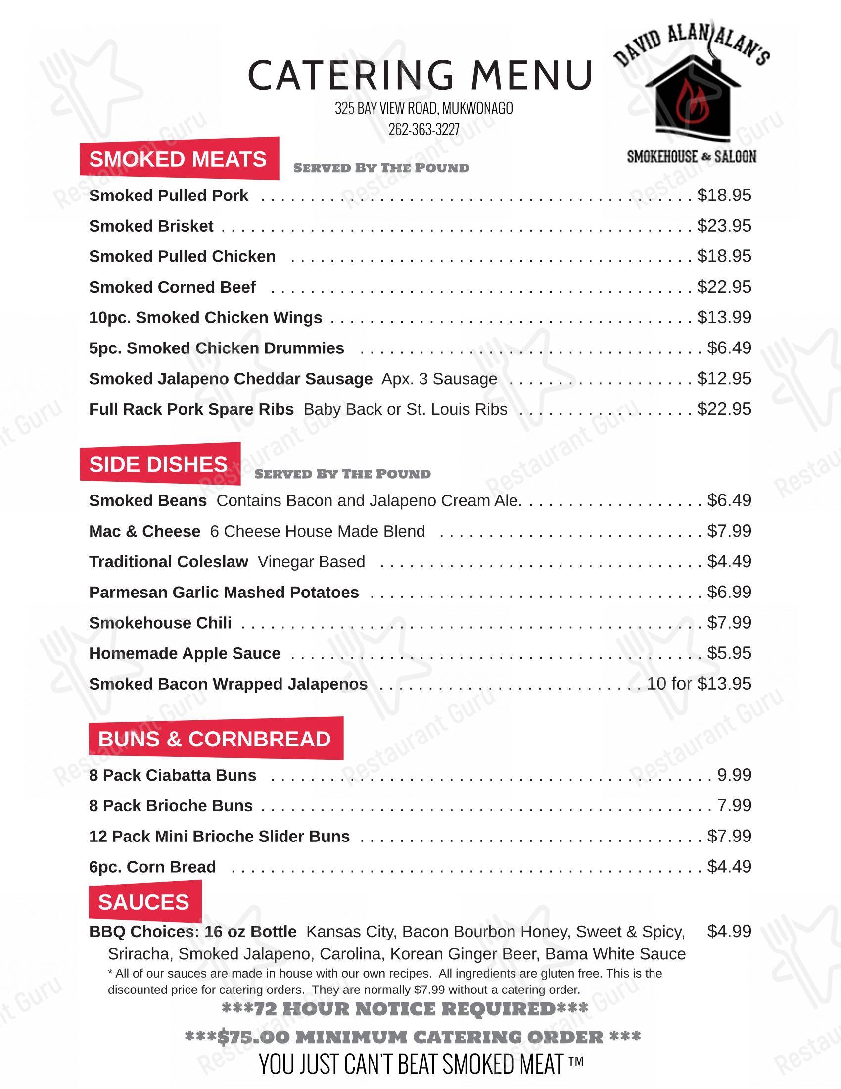 Menu at David Alan Alan's Smokehouse & Saloon restaurant, Mukwonago